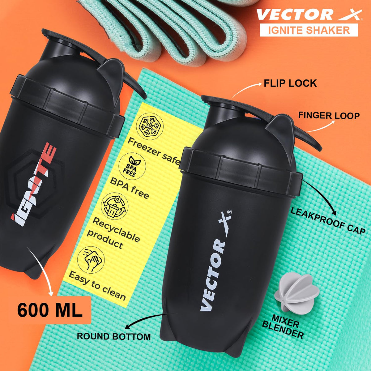Vector X Ignite Plastic Shaker Mixer Blender Bottle Portable Pre Worko ...